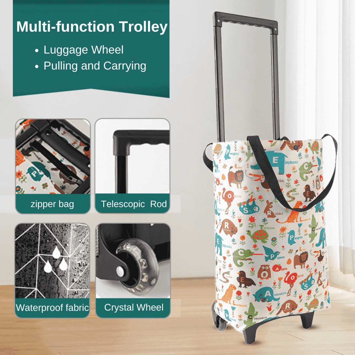 FTCBJJA Collapsible Shopping Cart with Wheels, Folding Grocery Tote Bag ...