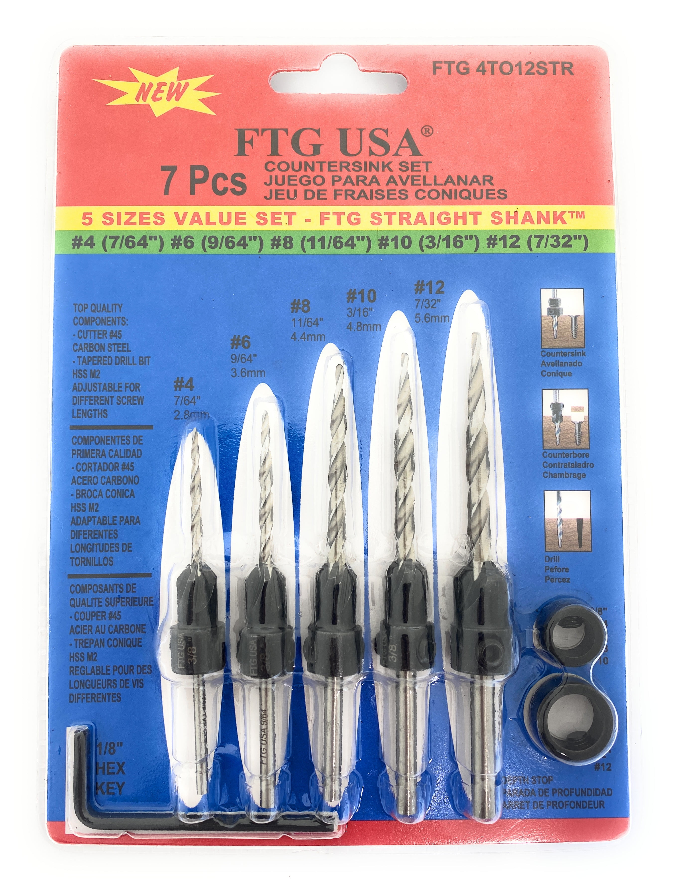 FTG USA Countersink Drill Bit Set #4#6#8#10#12 Round Shank, 2 Stop ...