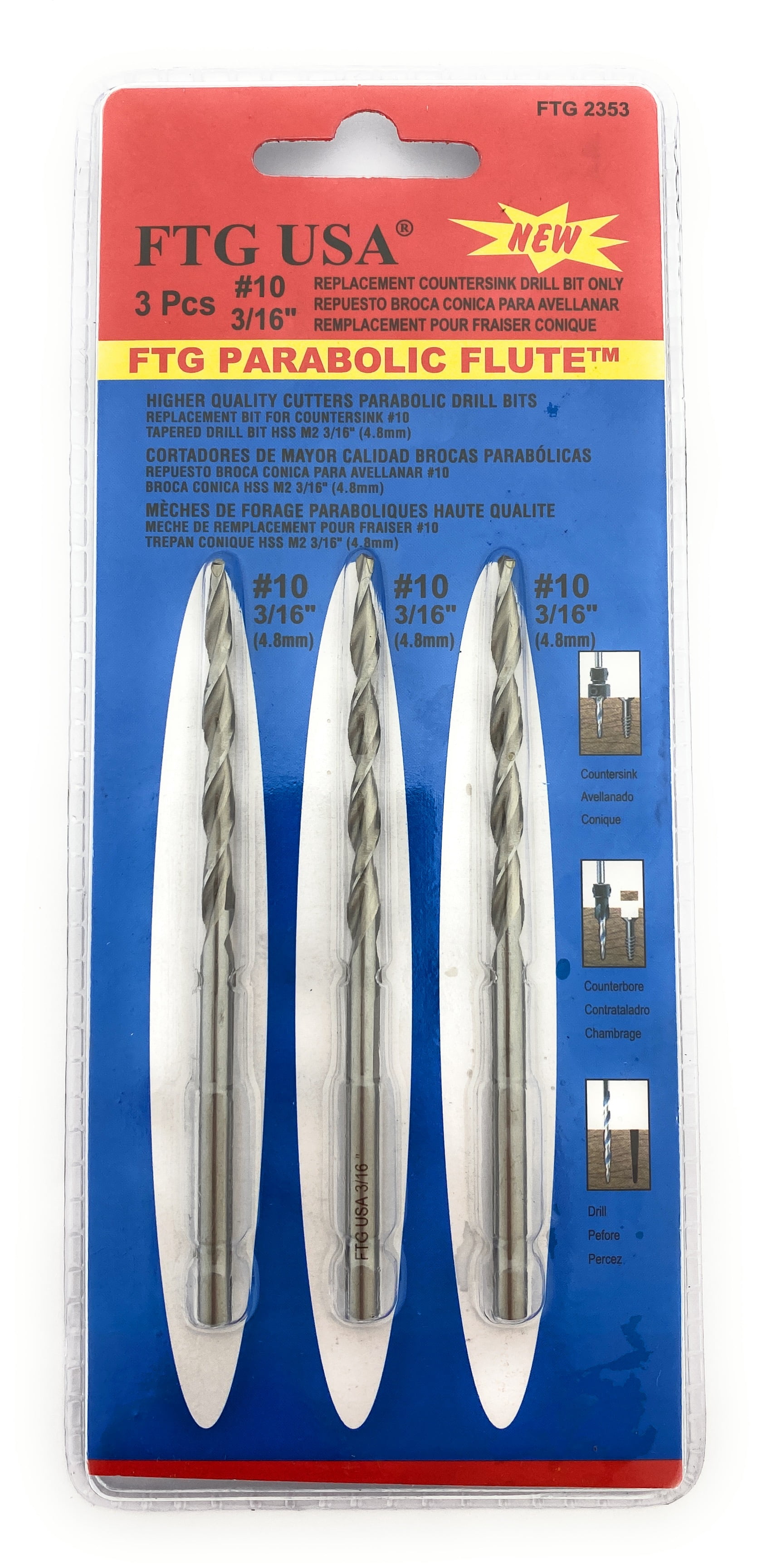 FTG USA Replacement Countersink Drill Bit 3 Pc (#10) 3/16" Parabolic ...