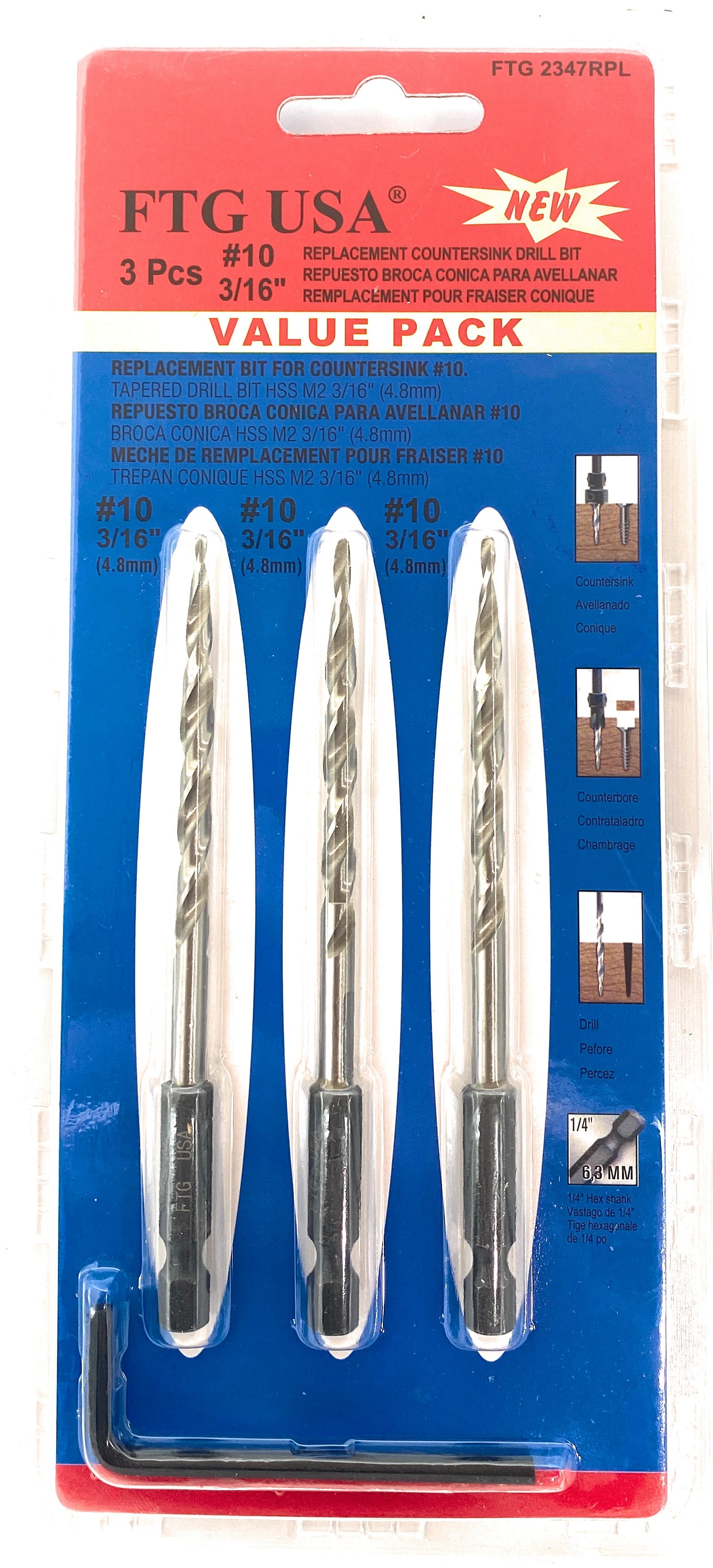 FTG USA Replacement Tapered Countersink Drill Bit Set 3 Pc Bit (#10) 3/ ...