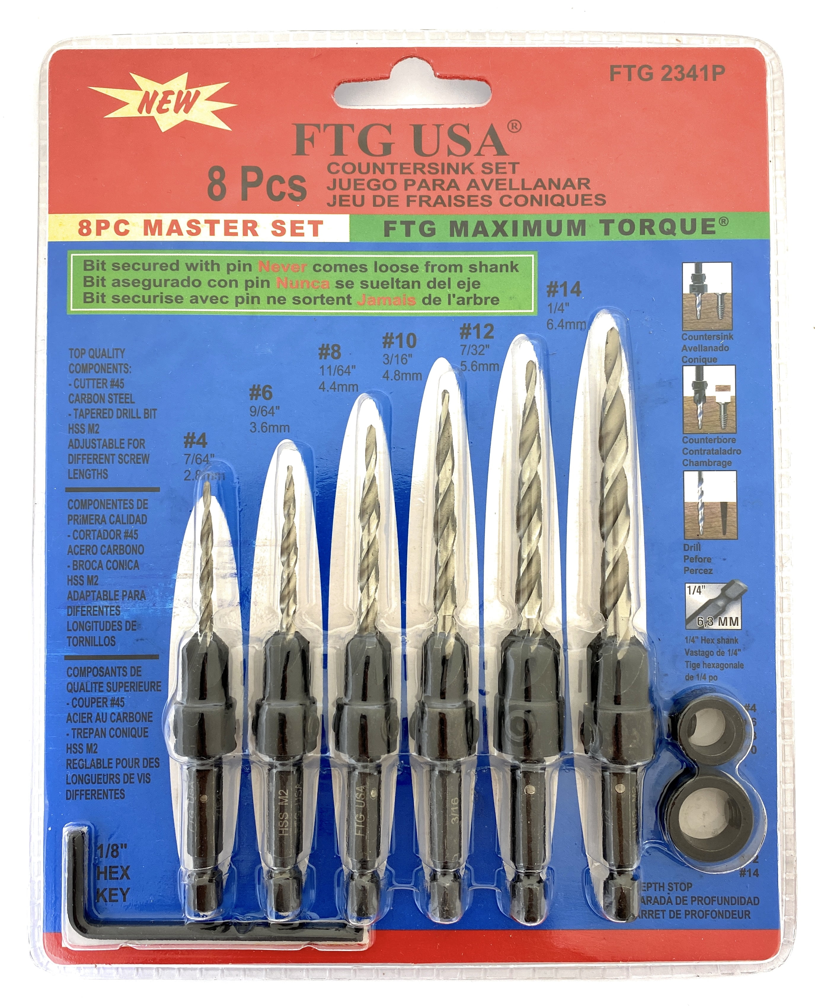 FTG USA Wood Countersink Drill Bit Set #4#6#8#10#12#14 with 2 Stop ...