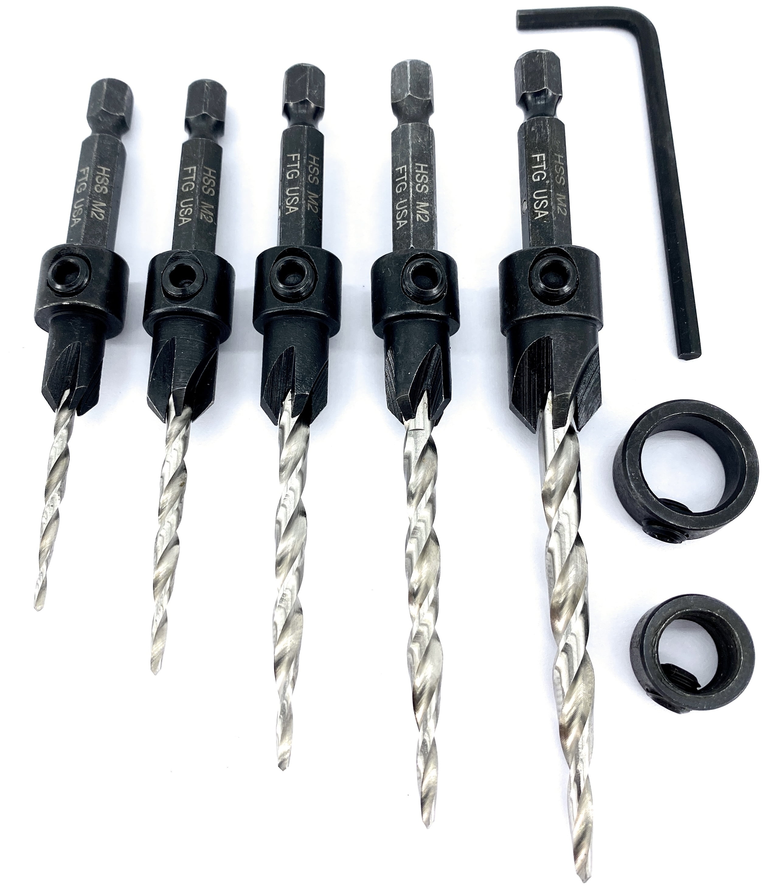FTG USA Wood Countersink Drill Bit Set #4#6#8#10#12 with 2 Stop Collar ...