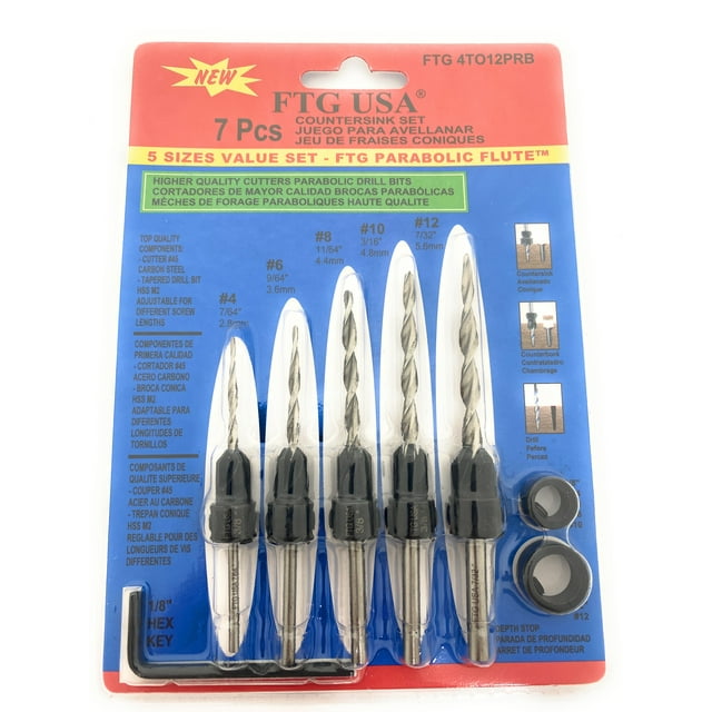FTG USA Wood Countersink drill bit set #4#6#8#10#12 Tapered Parabolic ...