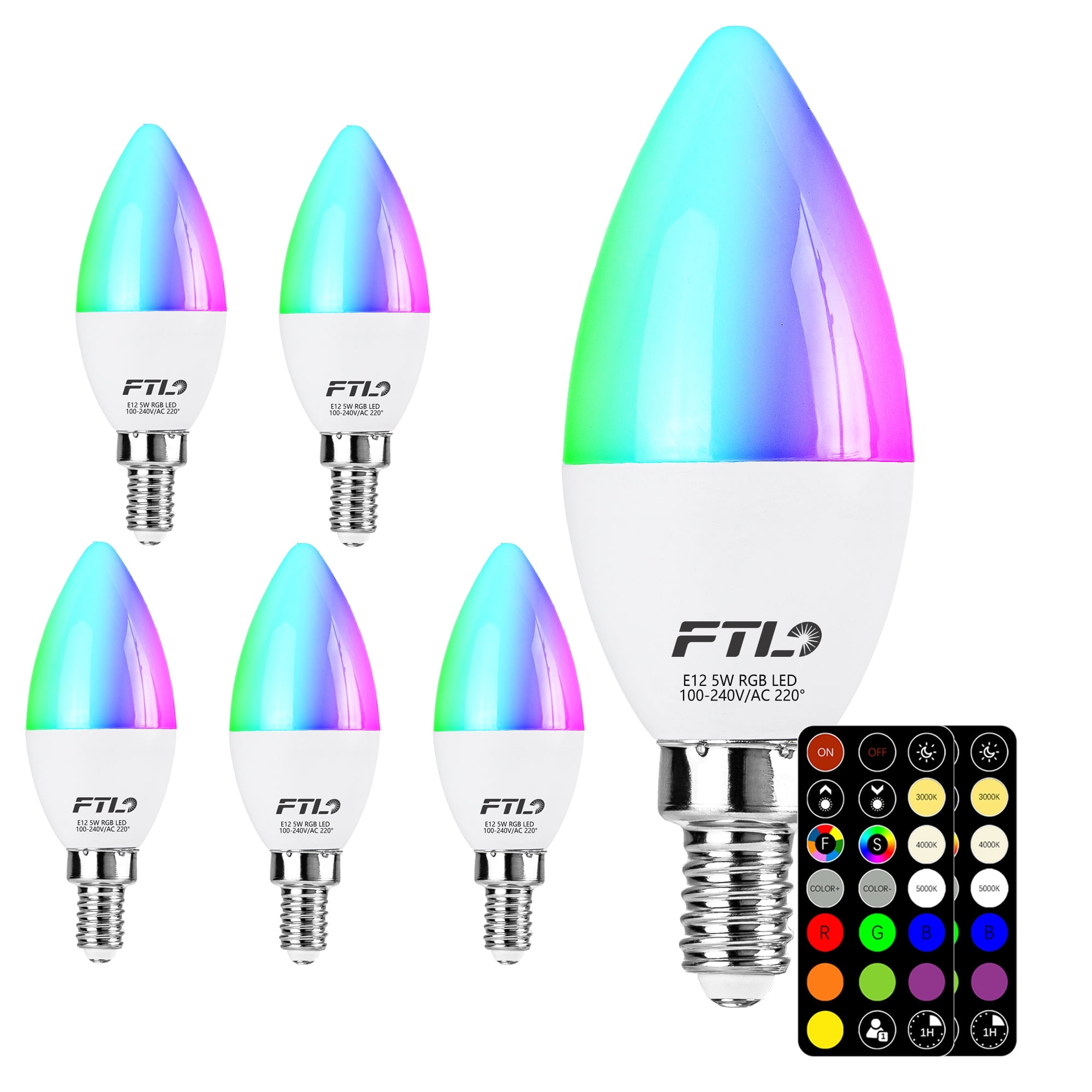 FTL E12 LED Color Changing Candelabra Light Bulb, 5W 40W Equivalent ...