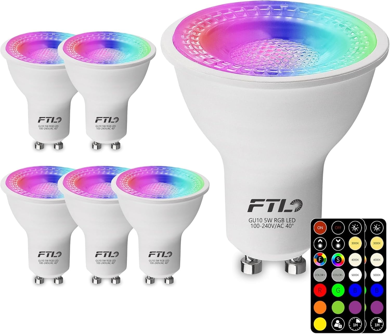 FTL GU10 LED Bulbs, 5W 40W Equivalent, 2700K-6000K RGB Colored ...