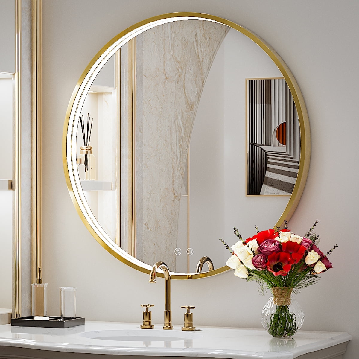 FTOTI 24" Round LED Bathroom Mirror, Bathroom Vanity Mirror Gold Metal ...