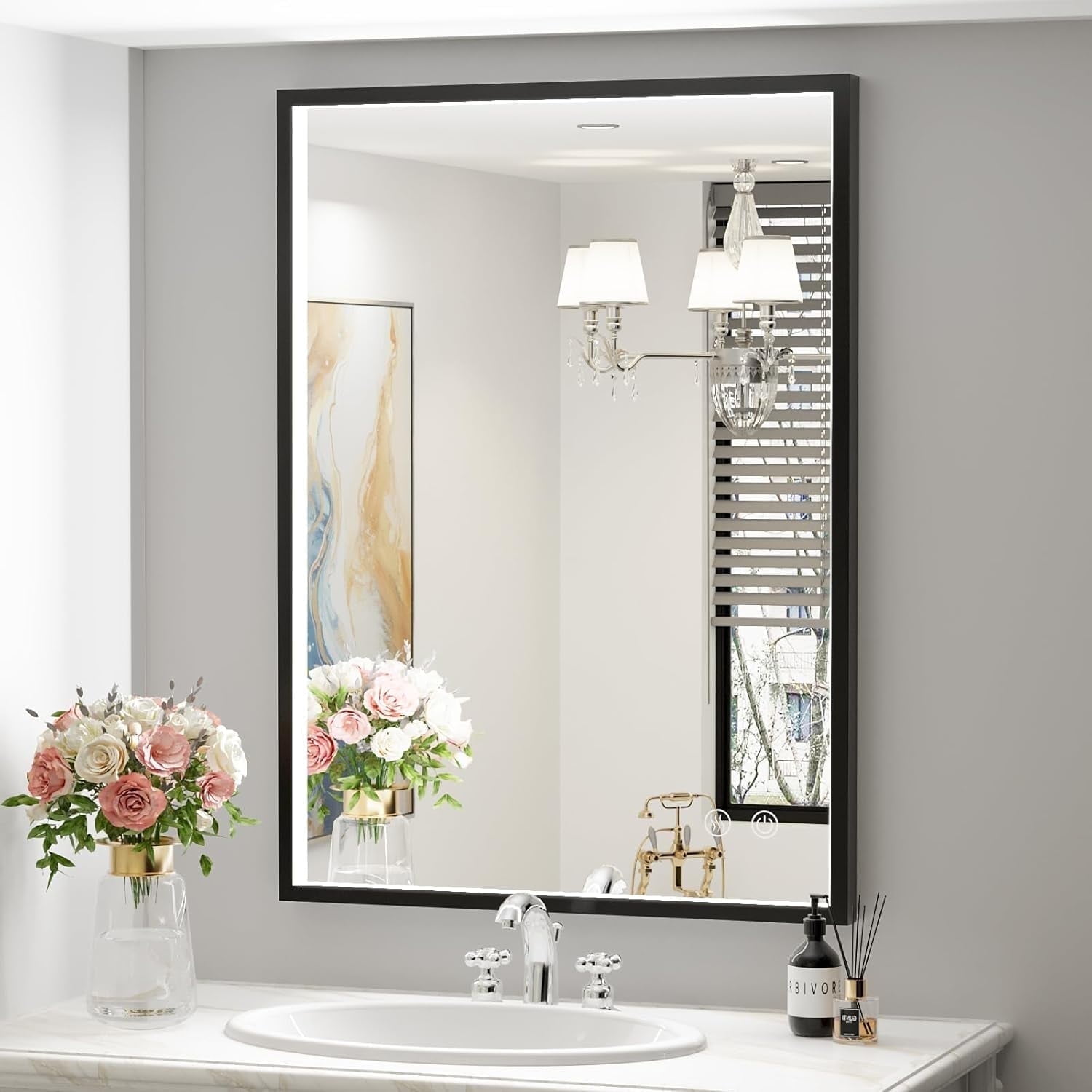 FTOTI 24X36 Inch Black LED Bathroom Mirror - Brushed Metal Frame, Anti ...