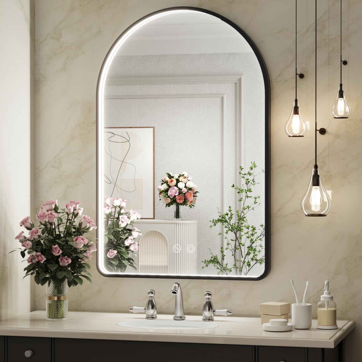 FTOTI 24x36 inch Arched LED Bathroom Mirror - Black Frame, Anti-Fog ...