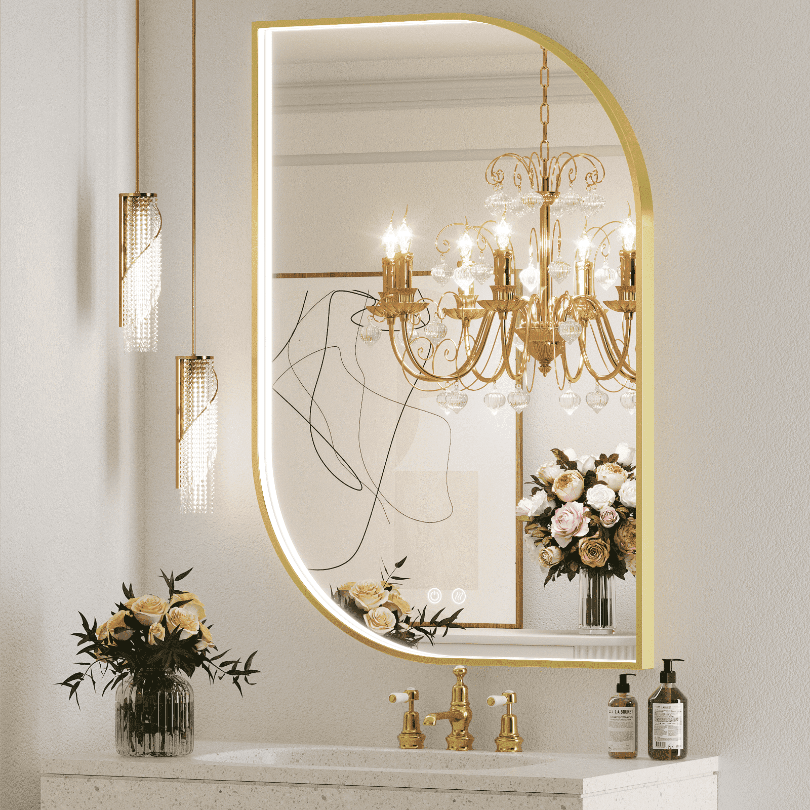 FTOTI 24X36 Inch LED Mirror for Bathroom with Lights,Gold Frame Lighted ...