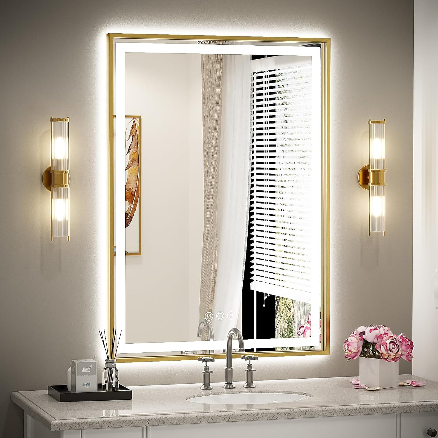 FTOTI 24x32 Inch LED Bathroom Mirror Frontlit & Backlit Gold Framed ...