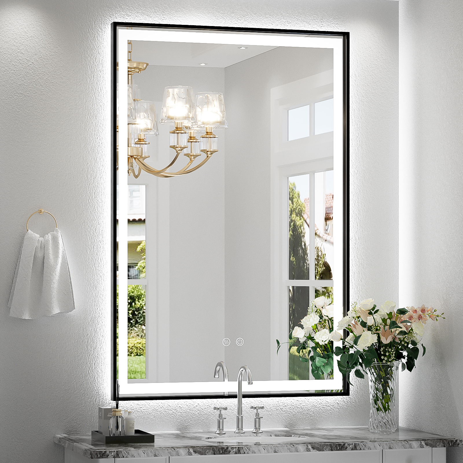 Backlit LED Mirror with 2 Vertical Frosted Inset Strips, White ...