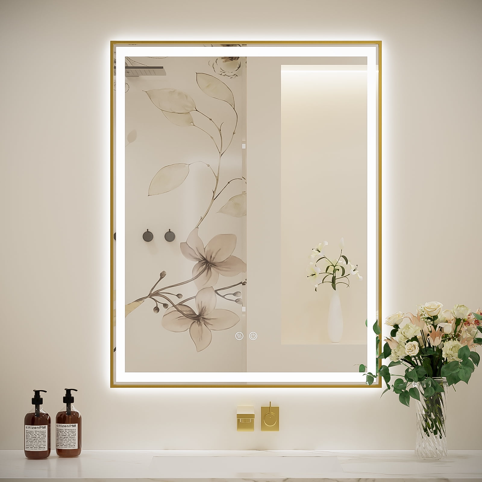 FTOTI 28x36 Inch LED Bathroom Mirror Frontlit & Backlit Gold Framed ...