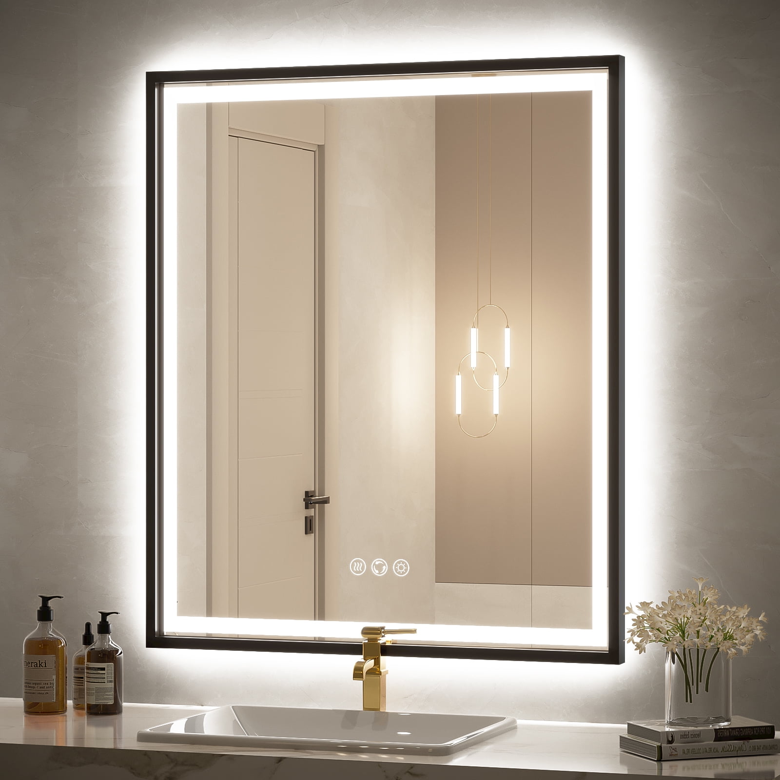 FTOTI 30X36 Inch Black Frame Led Mirror,Backlit and Front Bathroom ...