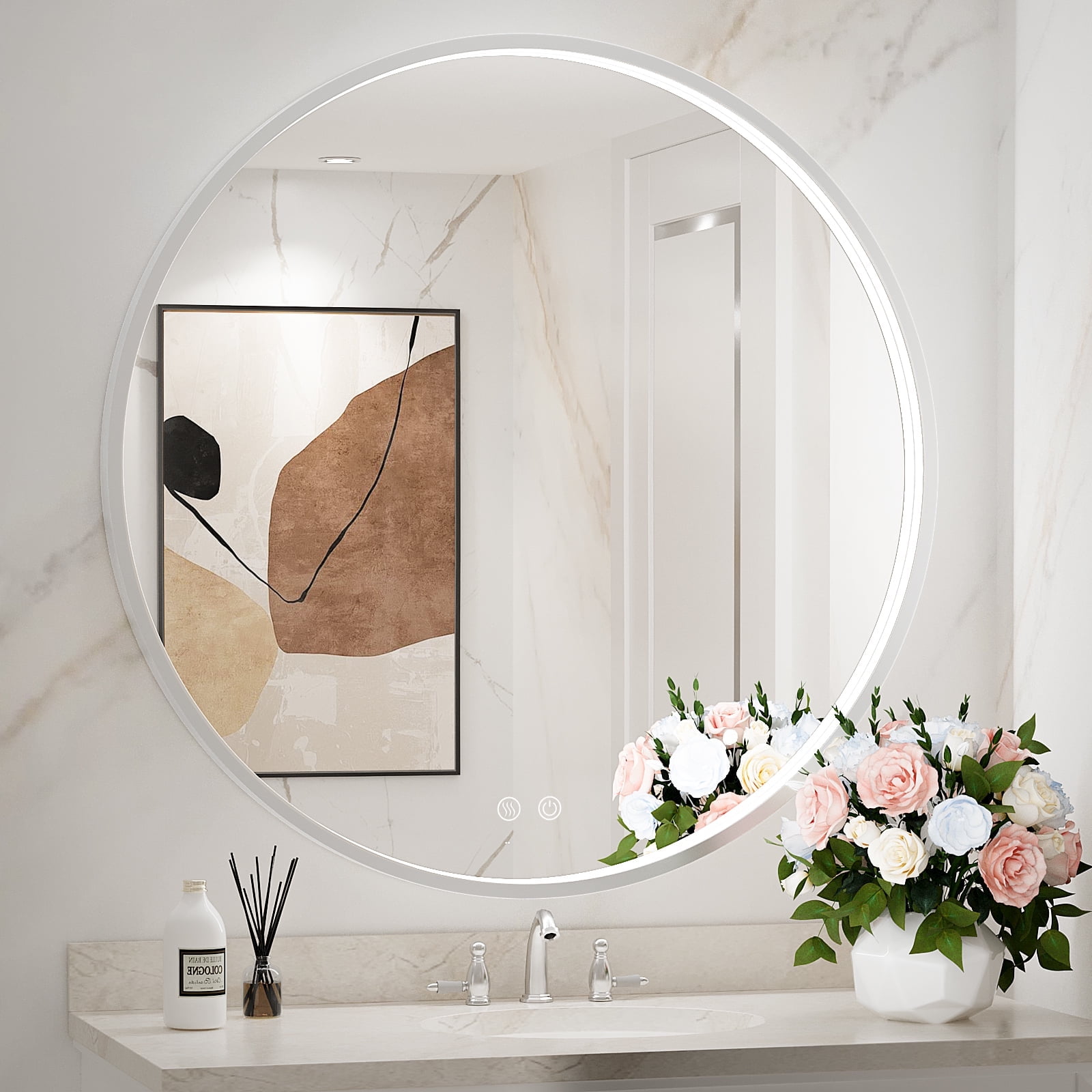 FTOTI 32 inch LED Round LED Bathroom Mirror with Light,Sliver Metal Frame, Anti-Fog & Dimmable ...