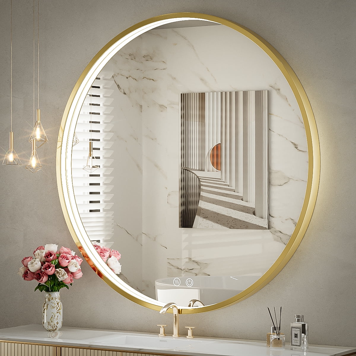 Free Shipping! FTOTI 32 Inch Round LED Bathroom Mirror,Gold Metal Frame ...