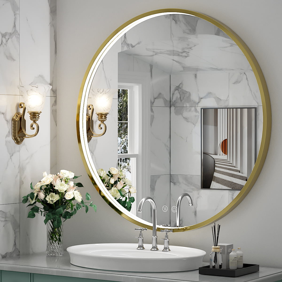 FTOTI 36 Inch Round LED Bathroom Mirror,Gold Metal Frame Bathroom ...