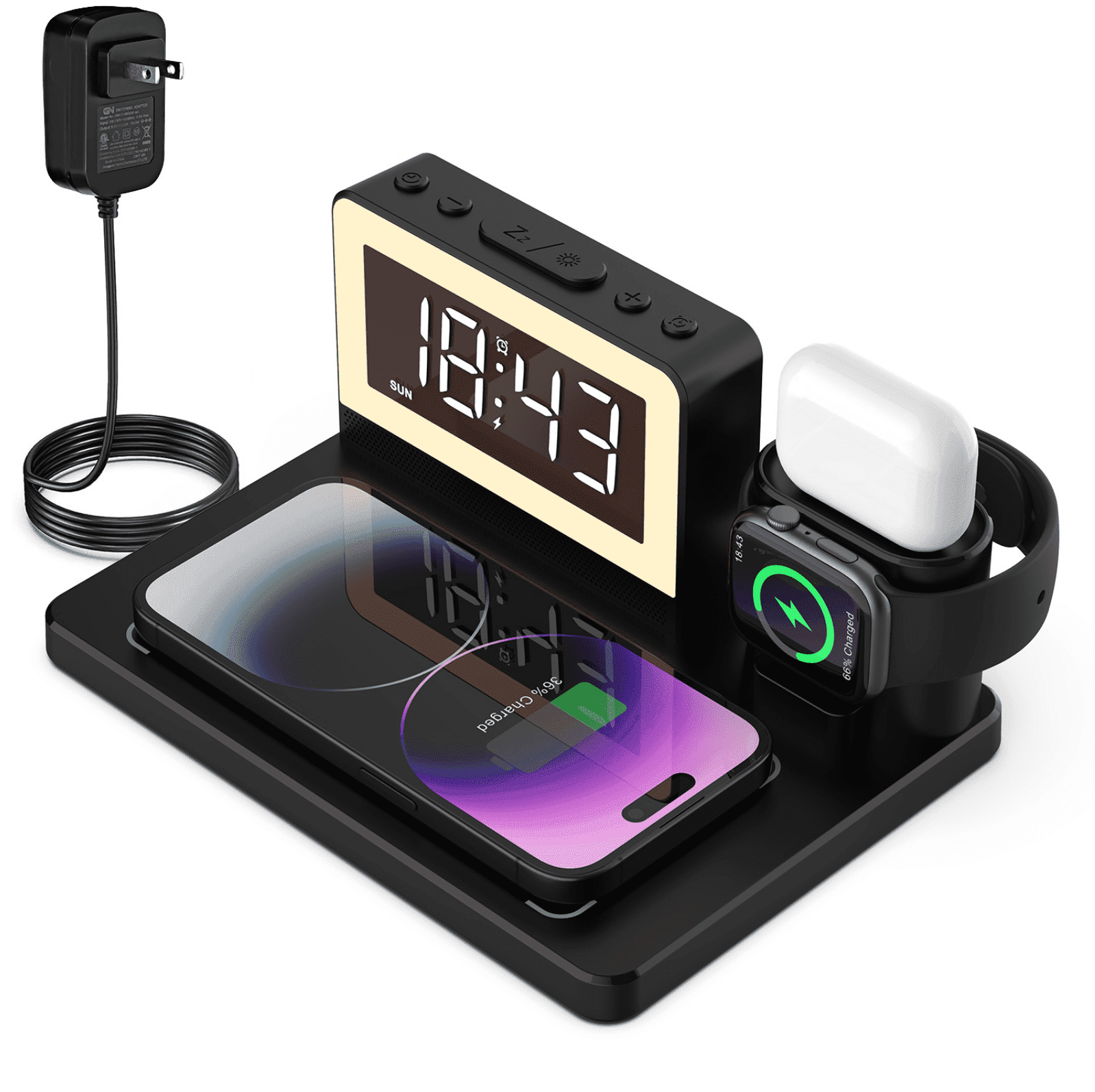 FU2082 Wireless Charging Station with Alarm Clock, 7 Night Lights, 5-in ...