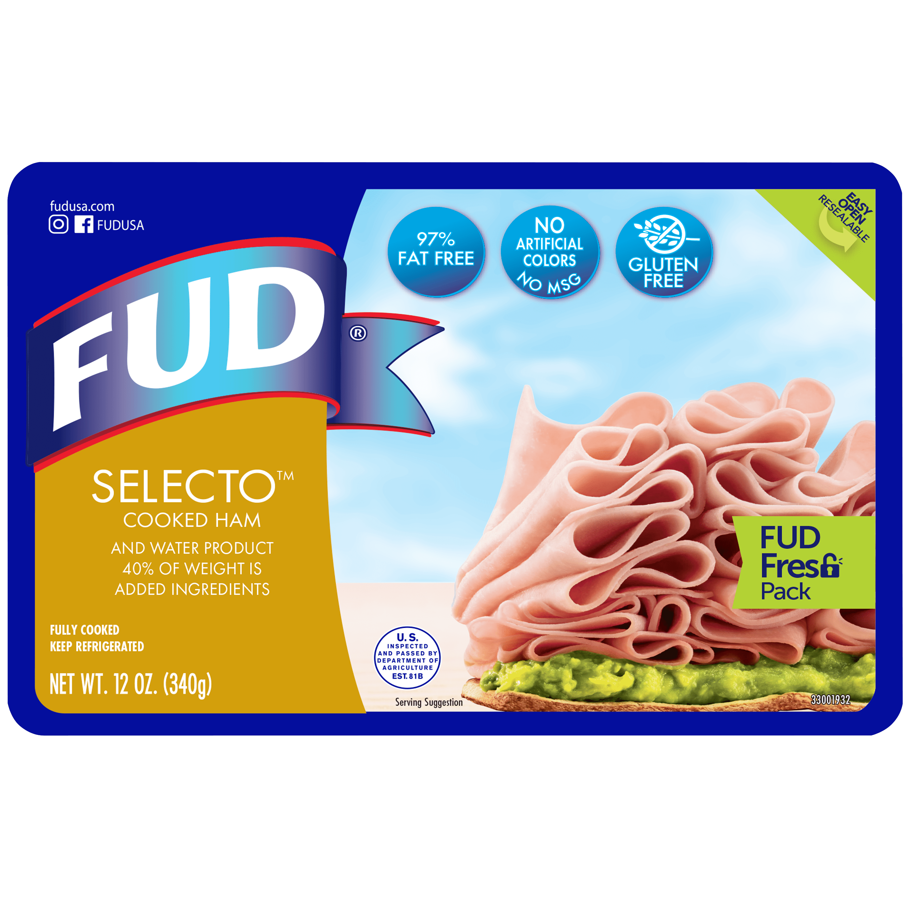 FUD Sliced Selecto Ham 12 oz Resealable Refrigerated Packaging ...