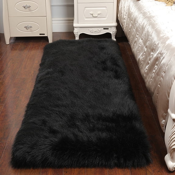 FUDAKUNA Soft Plush Area Rugs Black 20 x 48inch Faux Fur Sheepskin ...