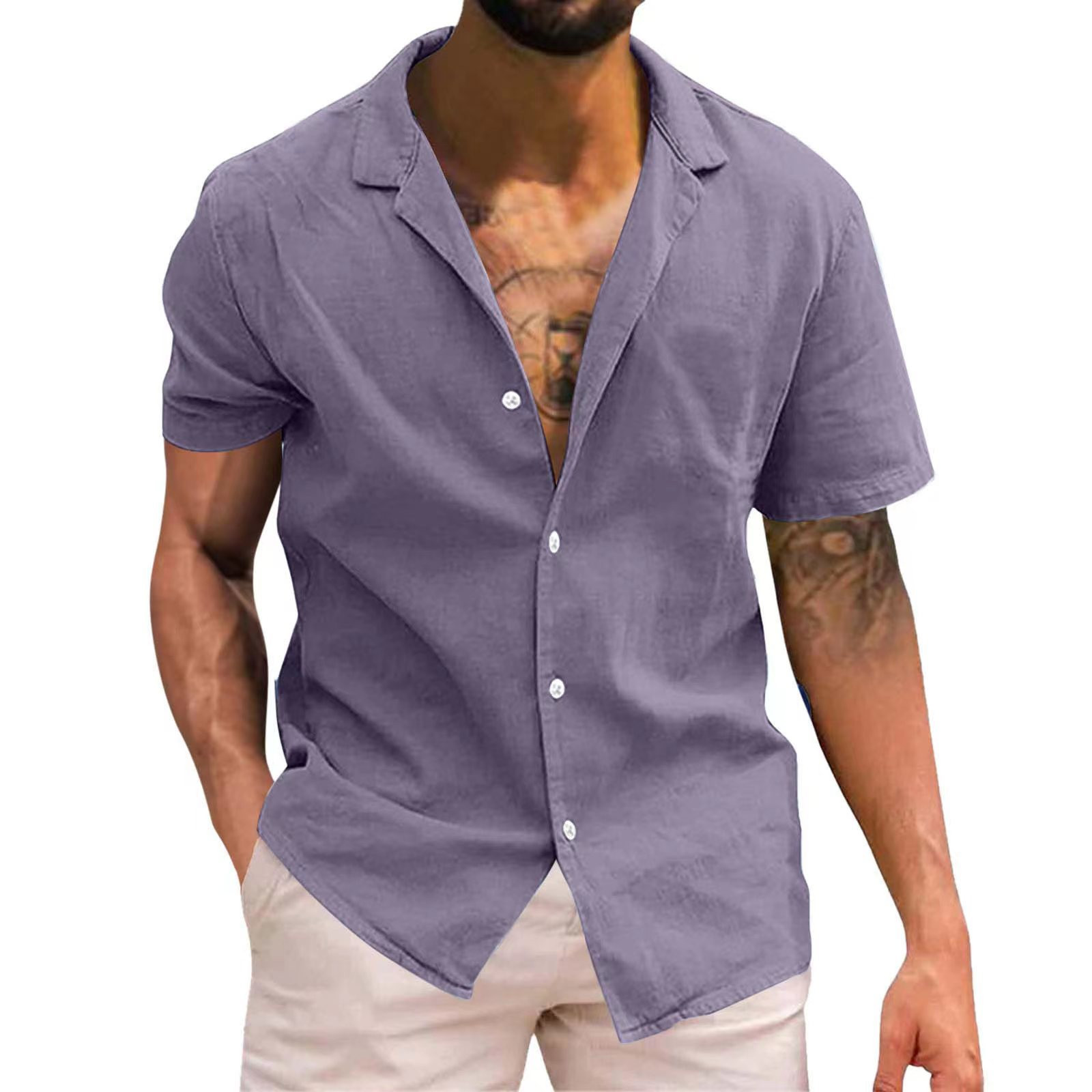 FUDERU Men's Fashion Spring Summer Casual Wrinkled Short Sleeve Lapel ...
