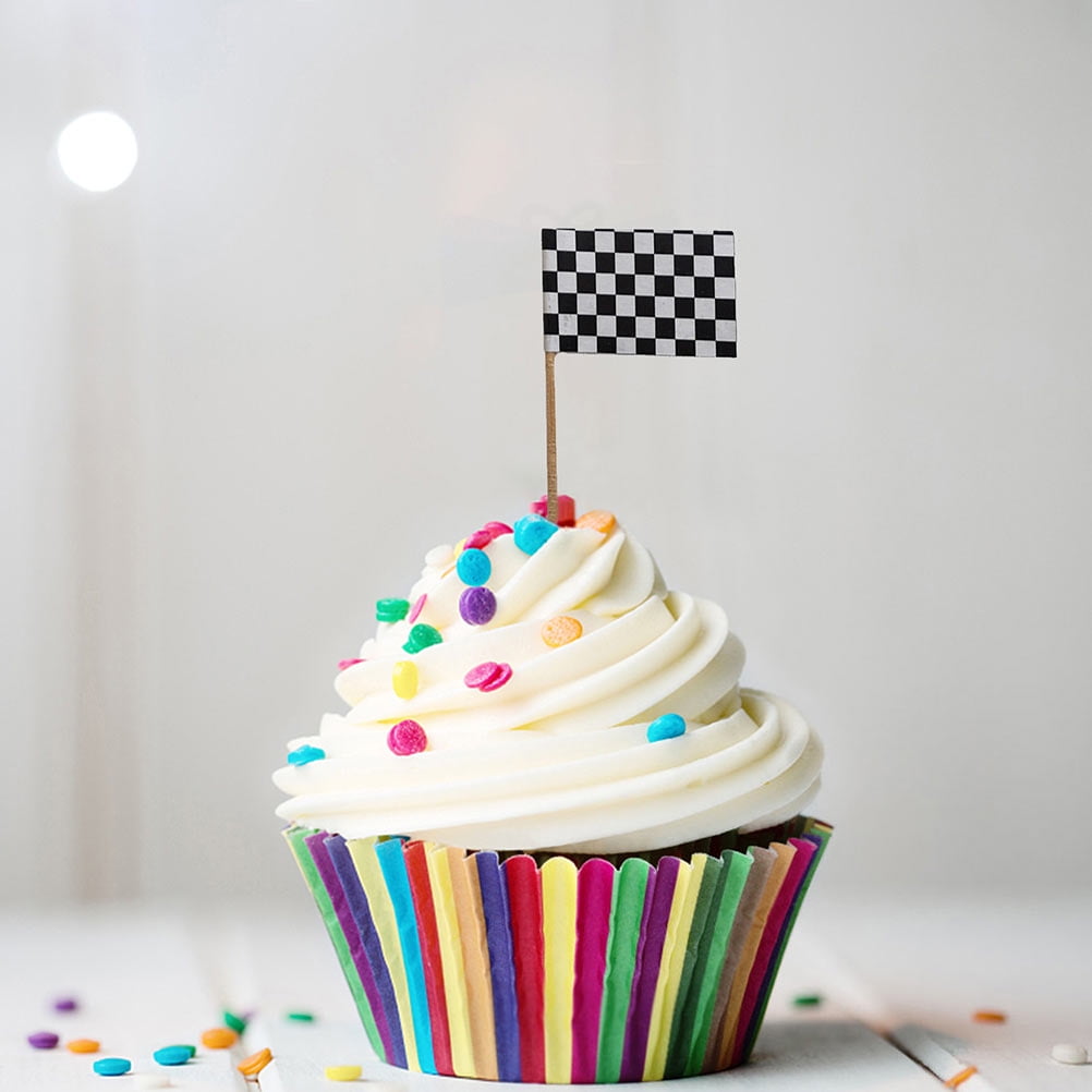 FUEENIRVA 150Pcs Black White Checkered Racing Theme Cake Toppers ...