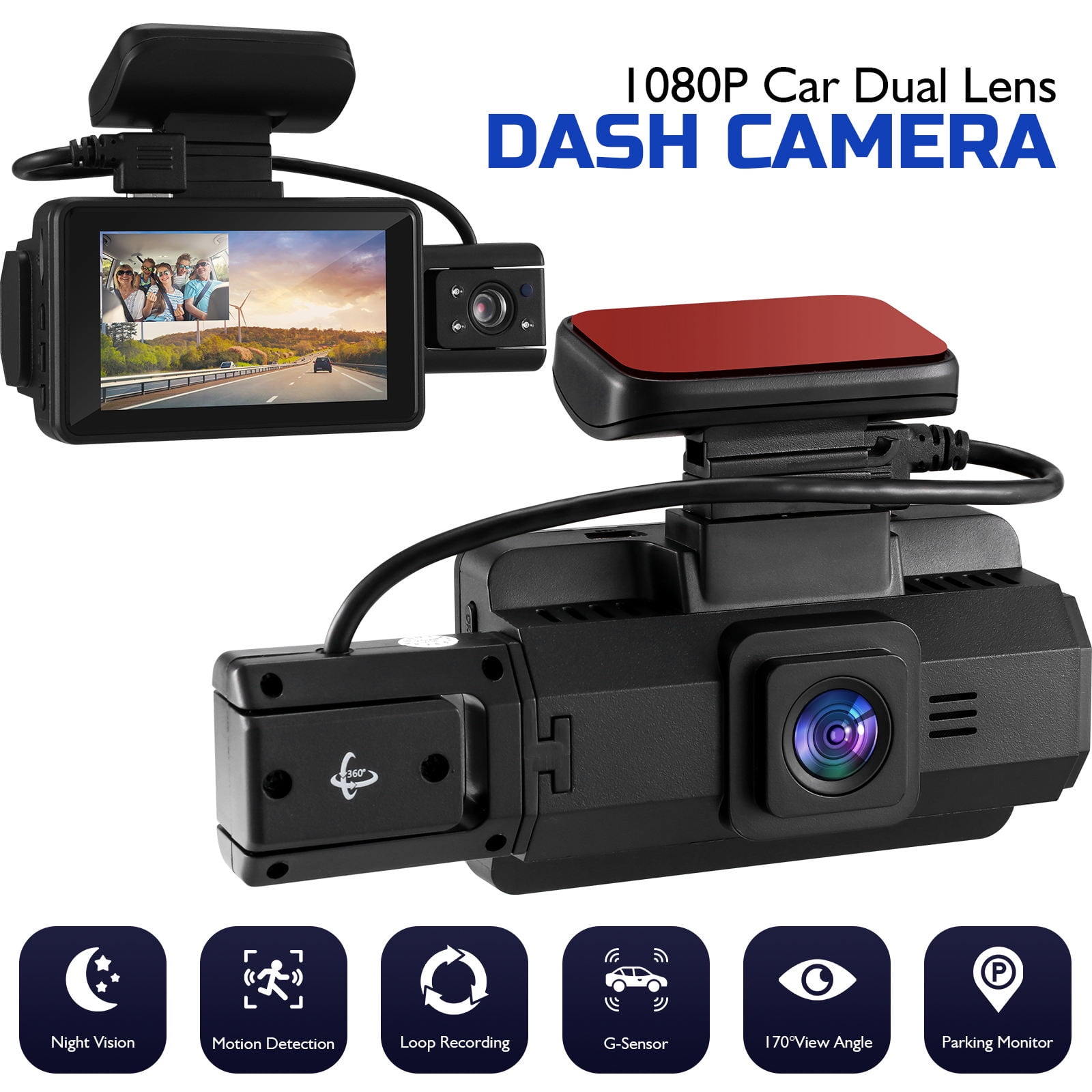 FUEENIRVA Black Dual Cameras Car Dash Cam Recorder with Wide Angle and ...