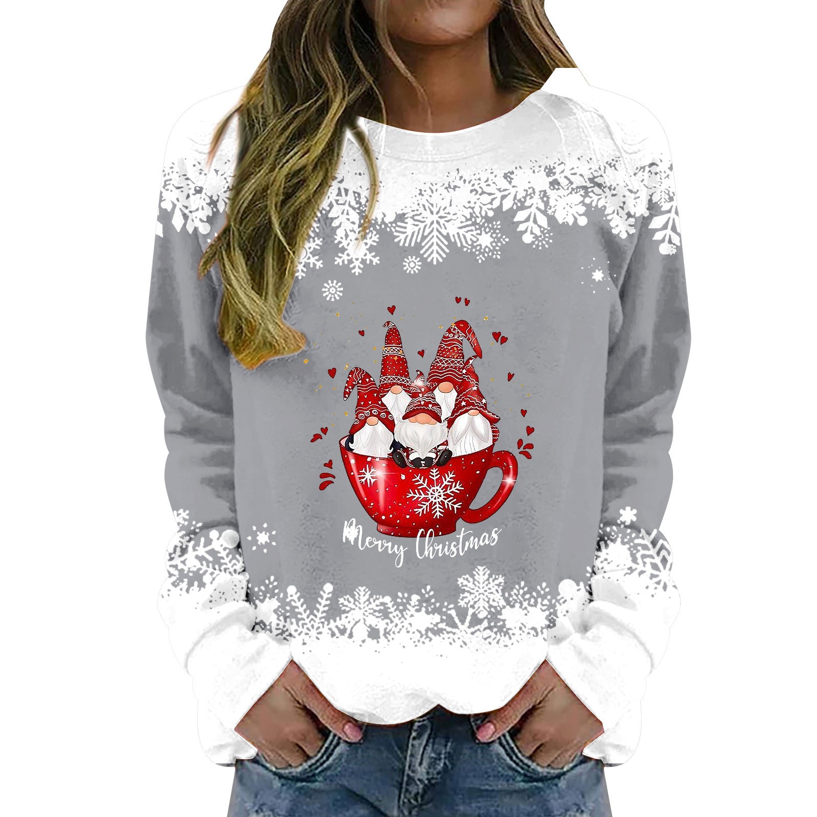 FUELEGO Women's Round Neck Long Sleeved Merry Christmas Dwarf Printed ...