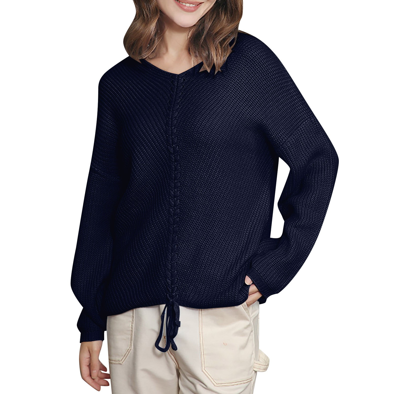 FUELEGO Women's Solid Color Plus Size Long Sleeved Drawstring V Neck ...