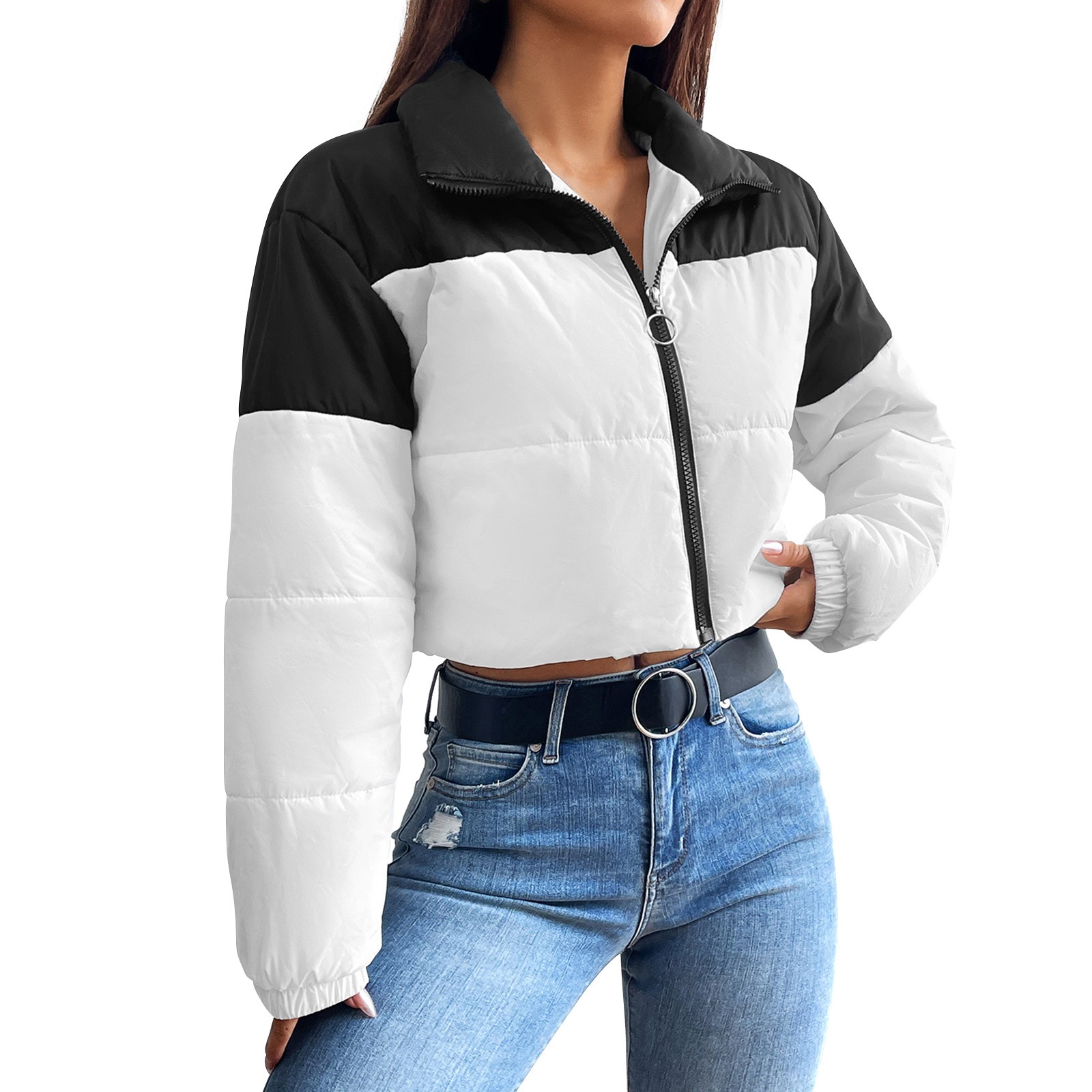 FUELEGO Womens'S Plus Size Blazer Women's Color Matching Zippered Warm ...