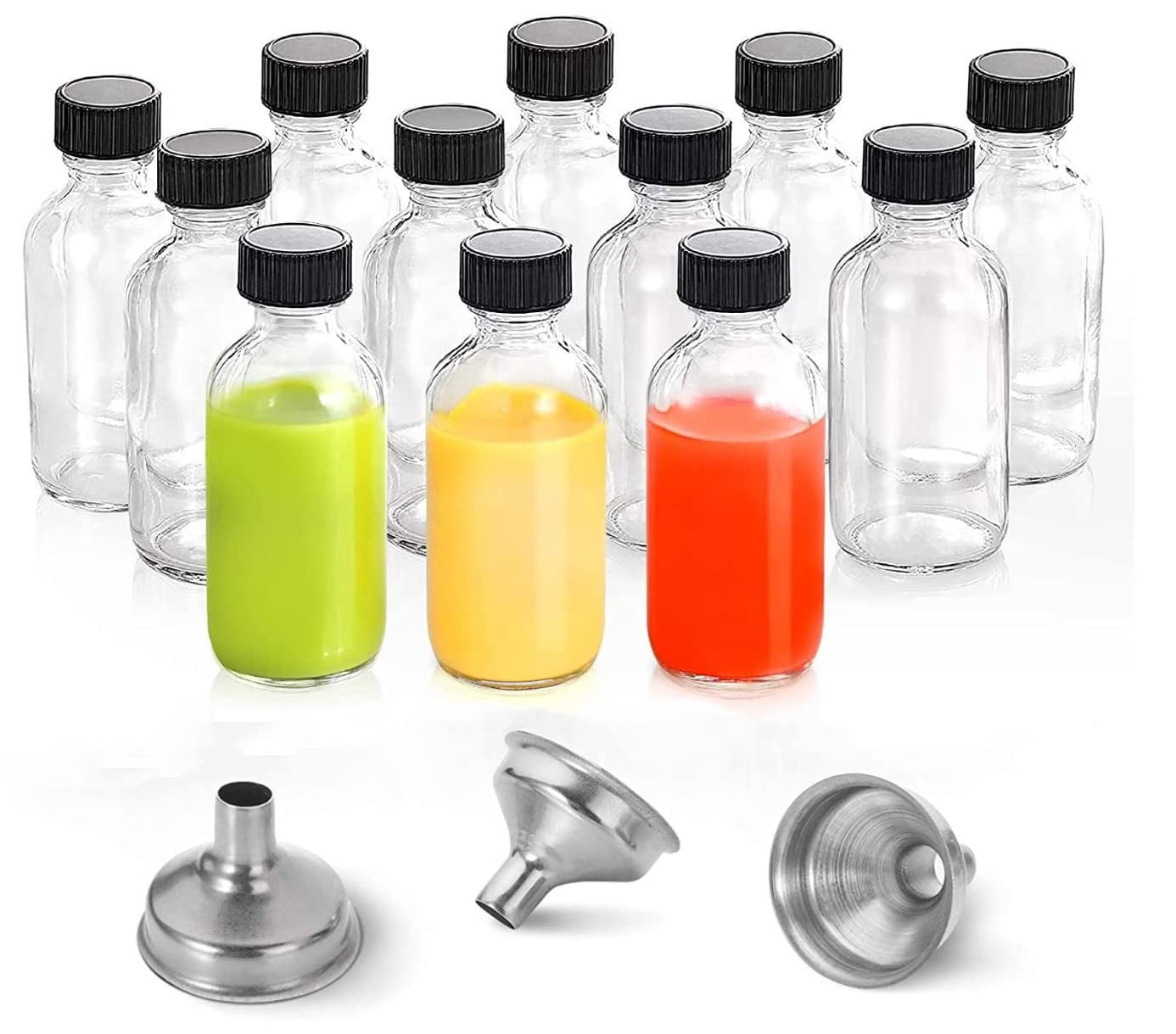 FUFU 12 Pack 2 oz Small Clear Glass Bottles with Lids 3 Stainless Steel ...