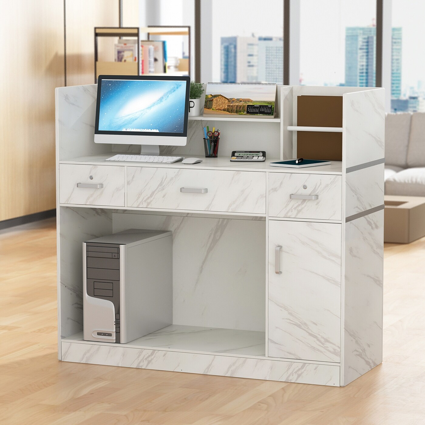 FUFU&GAGA 3-Drawer Solid Wood Reception Desk Office Computer Desk ...