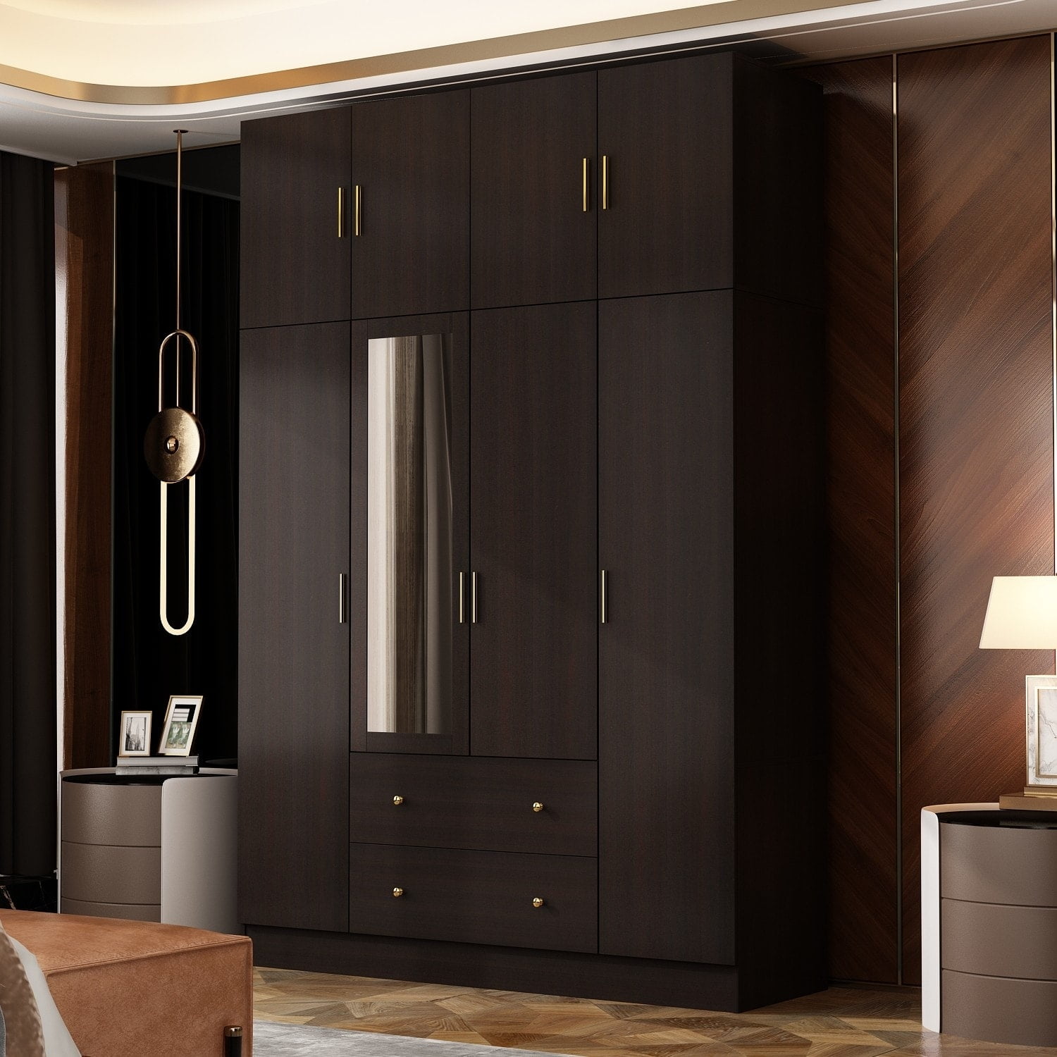 FUFU&GAGA 4 Door Wardrobe Large Storage Cabinet Armoire with Mirror and ...