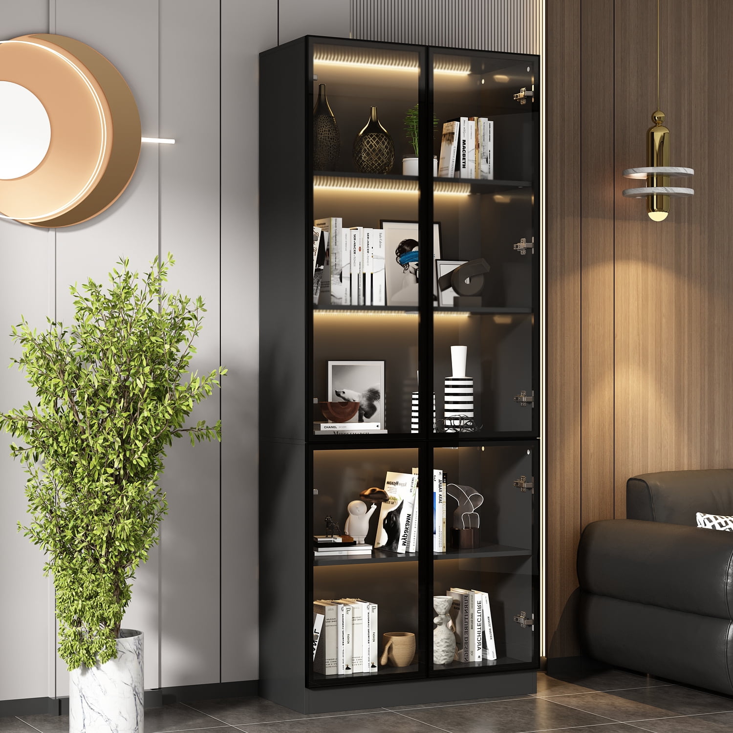 "FUFU&GAGA 31.5"" Bookcase with LED Lights, Glass Door, Heavy Duty for ...