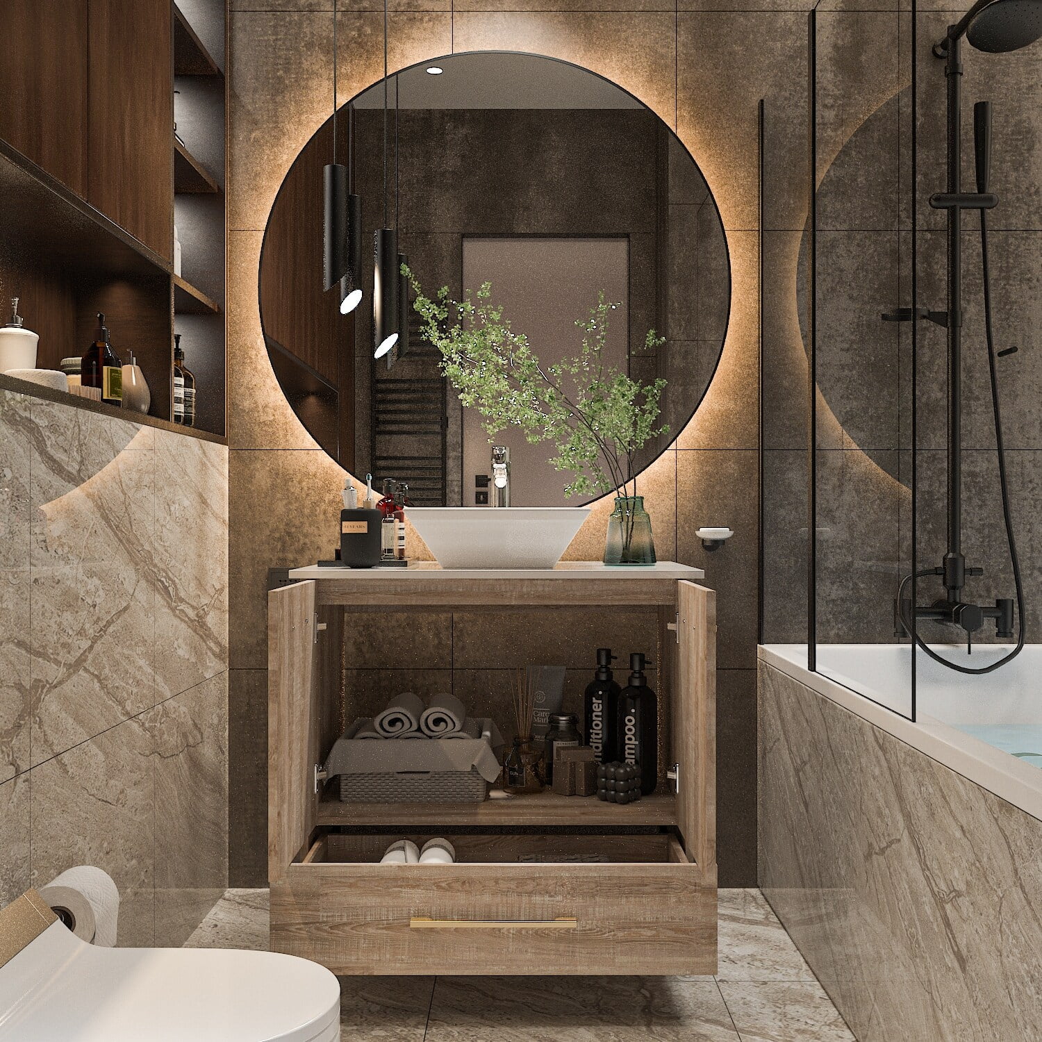 FUFU&GAGA Gleaming Vanity Set Ceramic Basin and LED Mirror Cabinet ...
