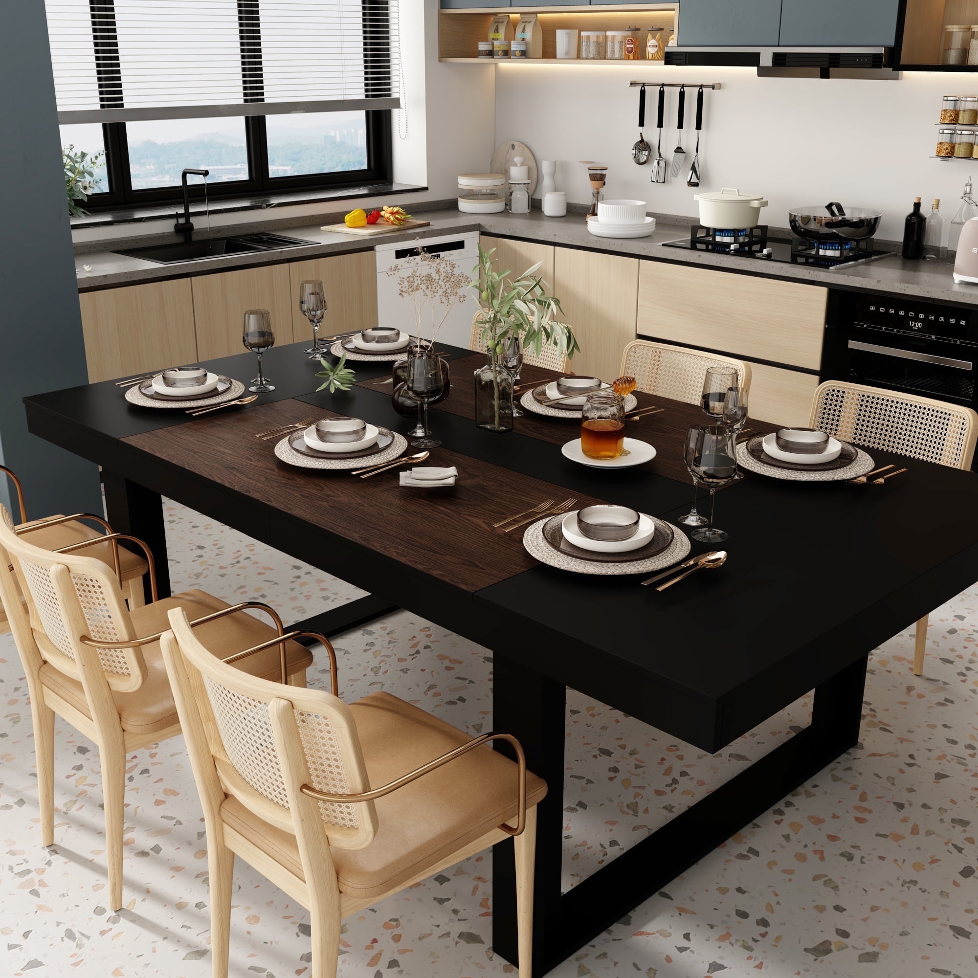 "FUFU&GAGA Black & Walnut Kitchen Dining Table, Seats 6-8, 86.8""W x 47 ...