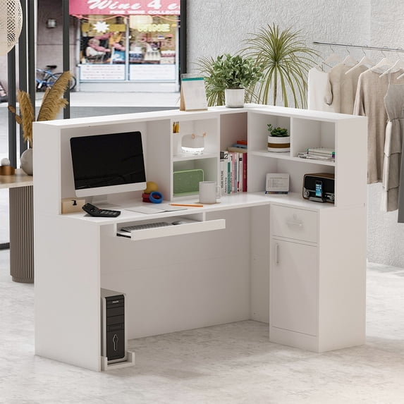 FUFU&GAGA Modern L-Shaped Office Reception Desk with Counter, White ...