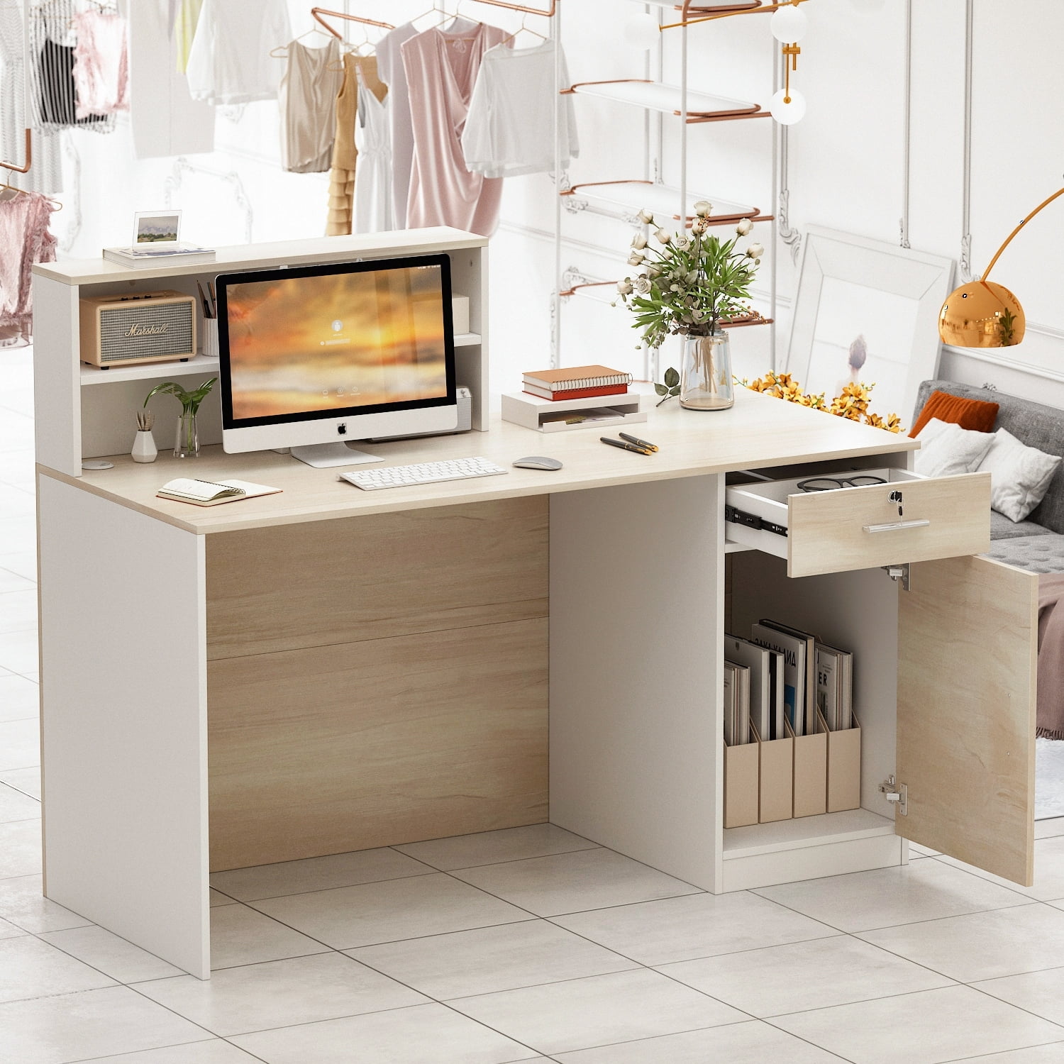 FUFU&GAGA Peninsula Wood Reception Desk Working Desk Secretary Desk ...