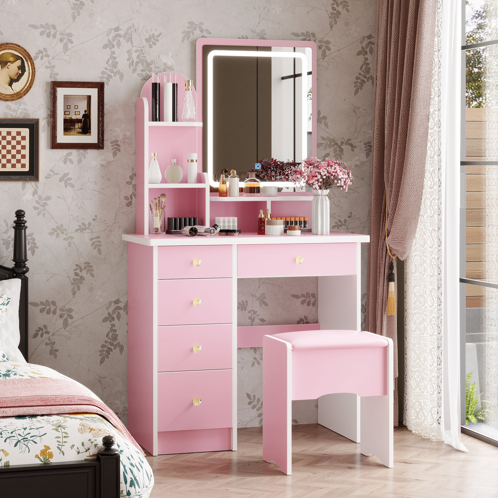 KULAGAGA Vanity Set with Lighted Mirror, Girls Makeup Vanity Table with ...