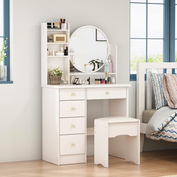 FUFU&GAGA White Vanity Set with Round Mirror, Makeup Vanity Dressing ...