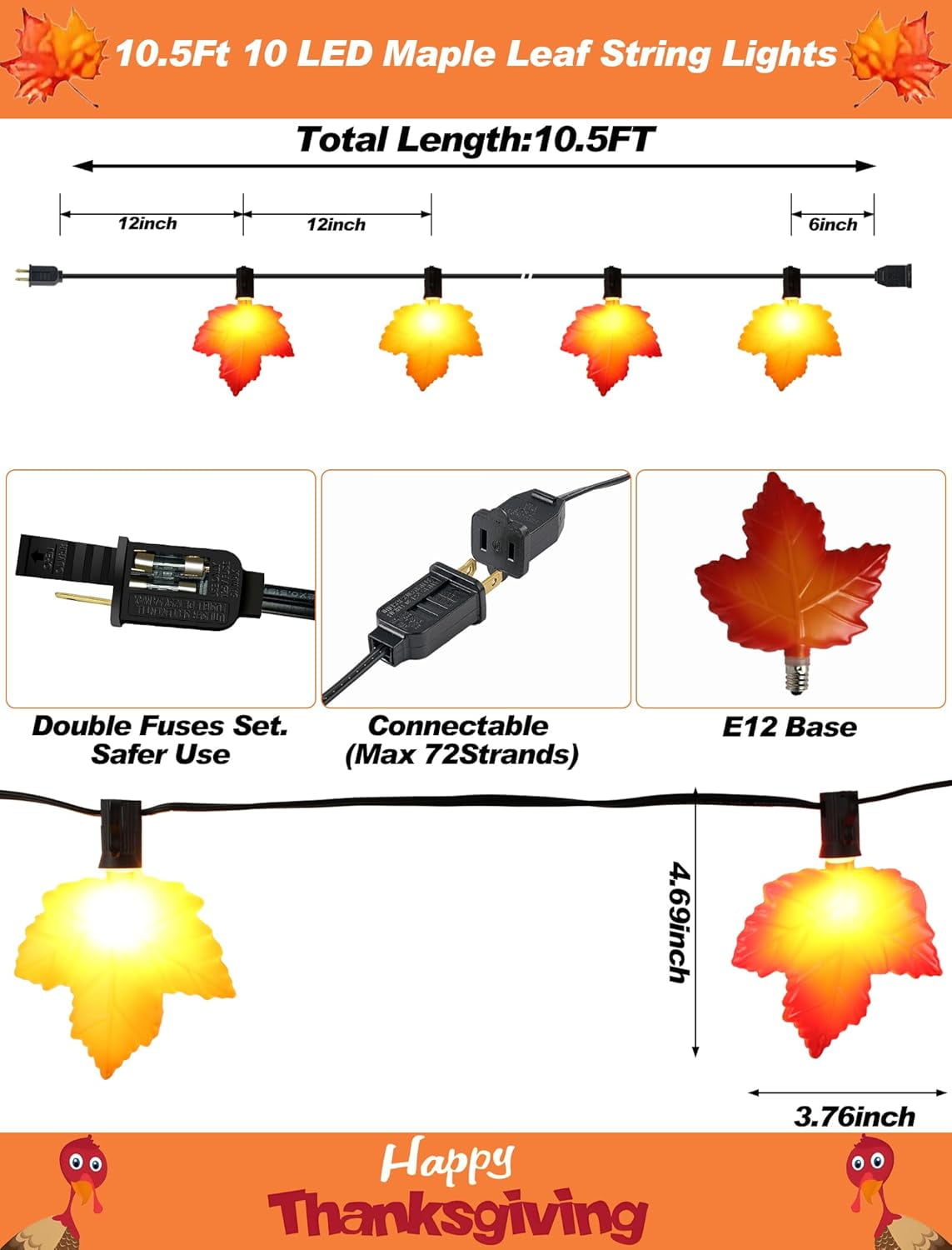 FUGEE-10.5 Feet Classic Fall Garland Lights,10 Warm-Glow LEDs for Rich ...