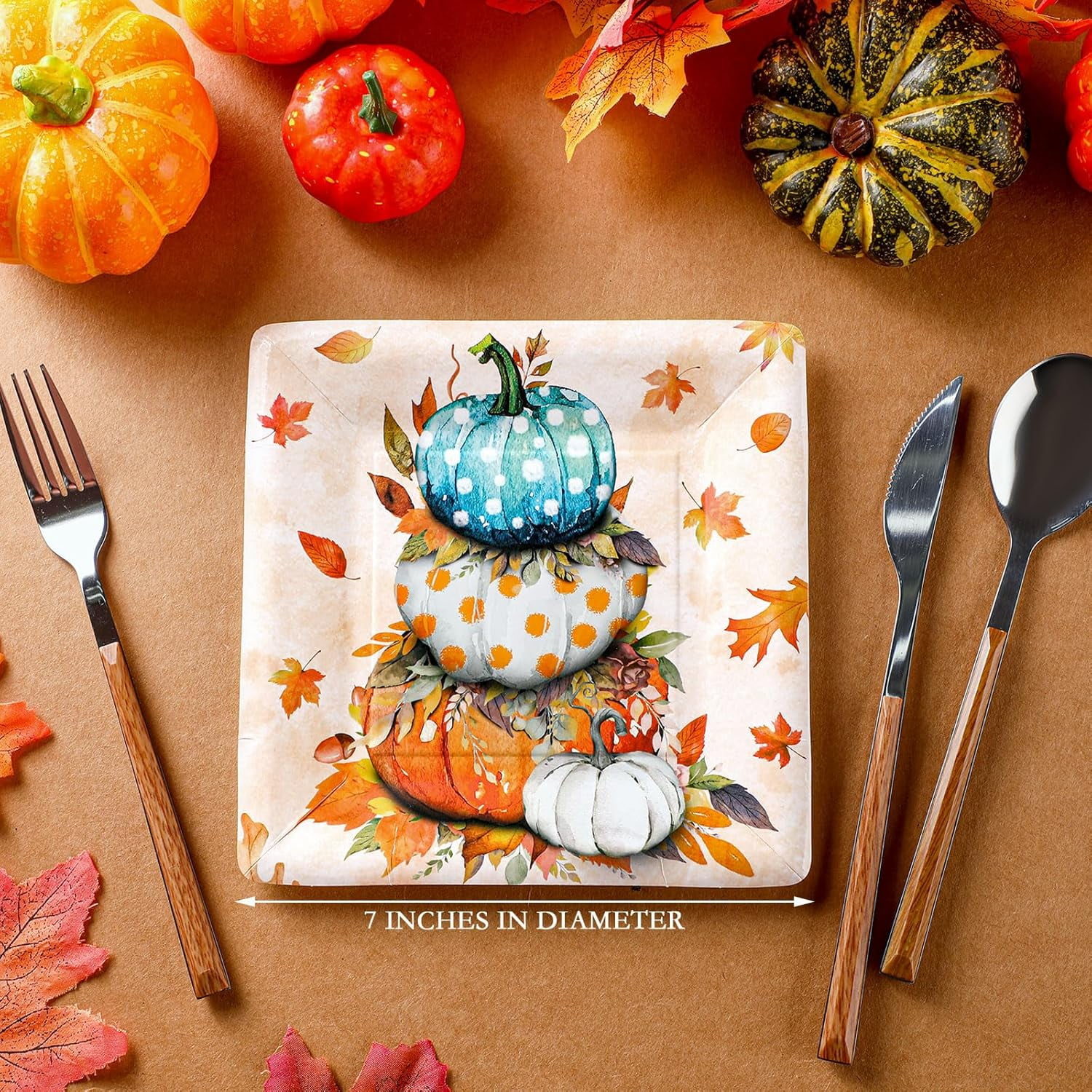 FUGEE-100 Pack Fall Paper Plates Thanksgiving 7 Inch Watercolor Pumpkin ...