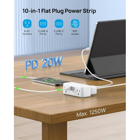 FUGEE-20W USB C Power Strip Surge Protector - 10ft Flat Plug Extension ...