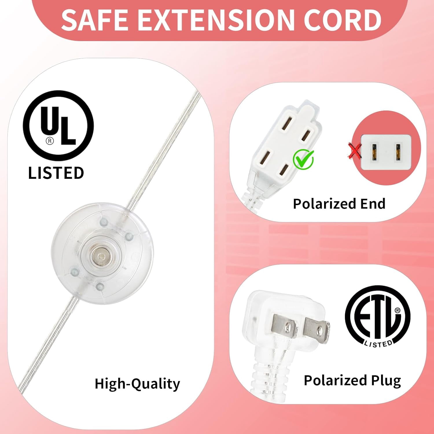 FUGEE-3 Outlet Clear Extension Cord 12 FT, 2 Prong Extension Cords with ...