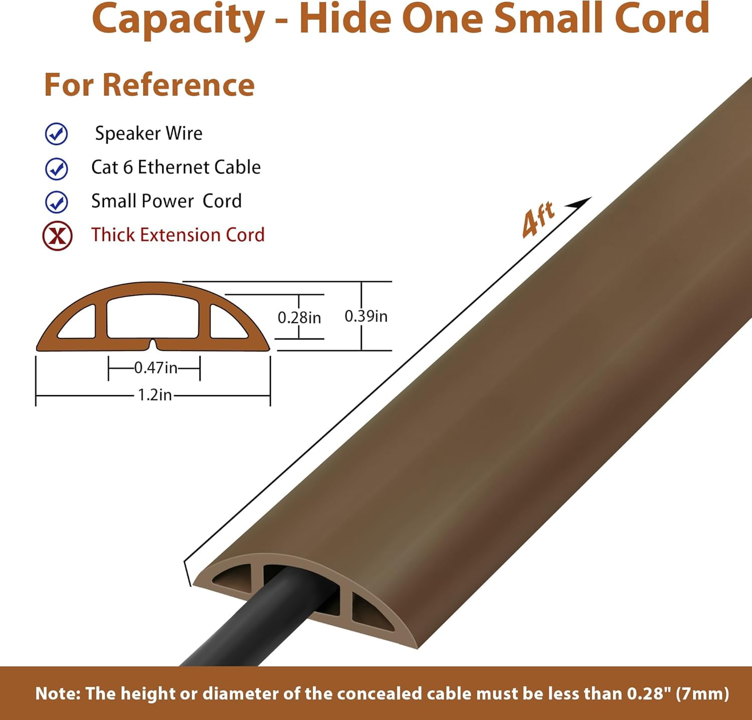FUGEE-4ft Cord Hider Floor for 1 Small Wire, Soft PVC Cord Covers for Wires on Floor, Wire Cover ...