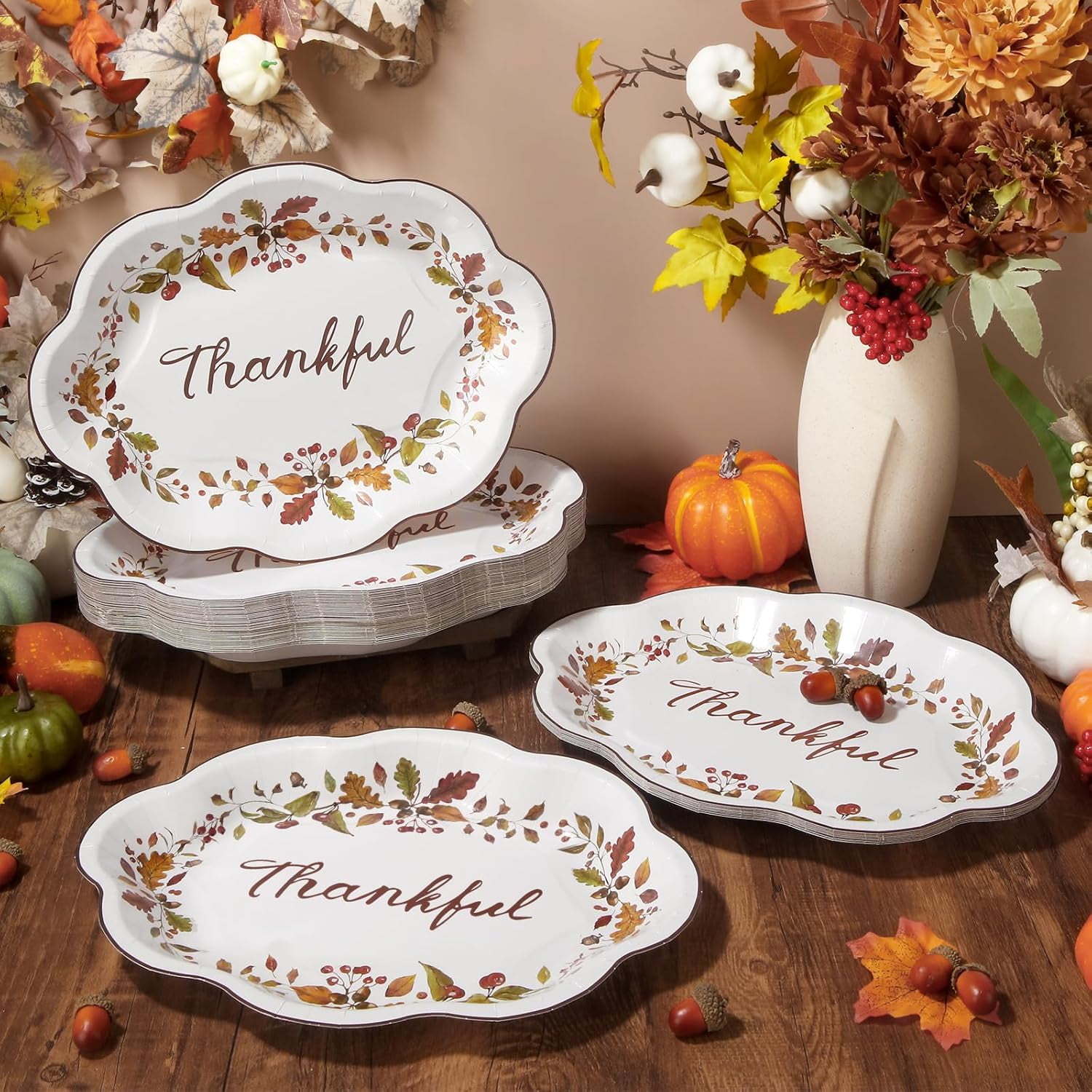 FUGEE-50 Pcs Thanksgiving Leaves Oval Paper Plates 9.6"x12"Autumn Berry ...