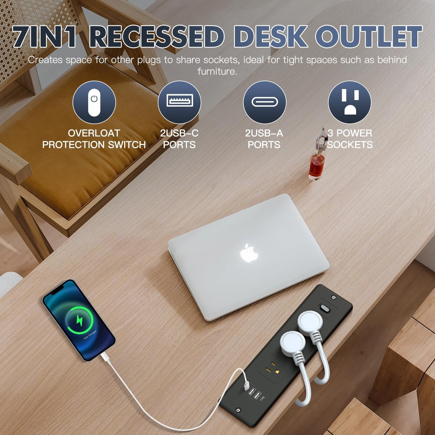 FUGEE-7 in 1 Recessed Power Strip Flat Plug Desk Outlet,3AC Outlets & 4 ...