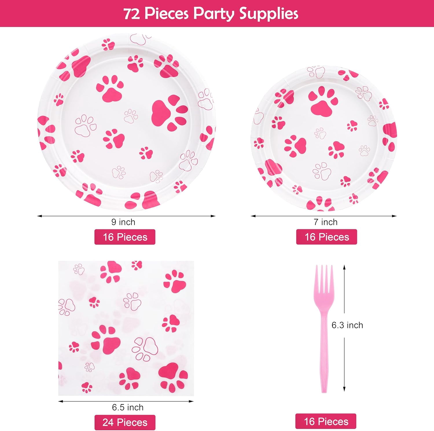FUGEE-72 Pieces Dog Paw Print Birthday Party Supplies Include 32 Plates ...