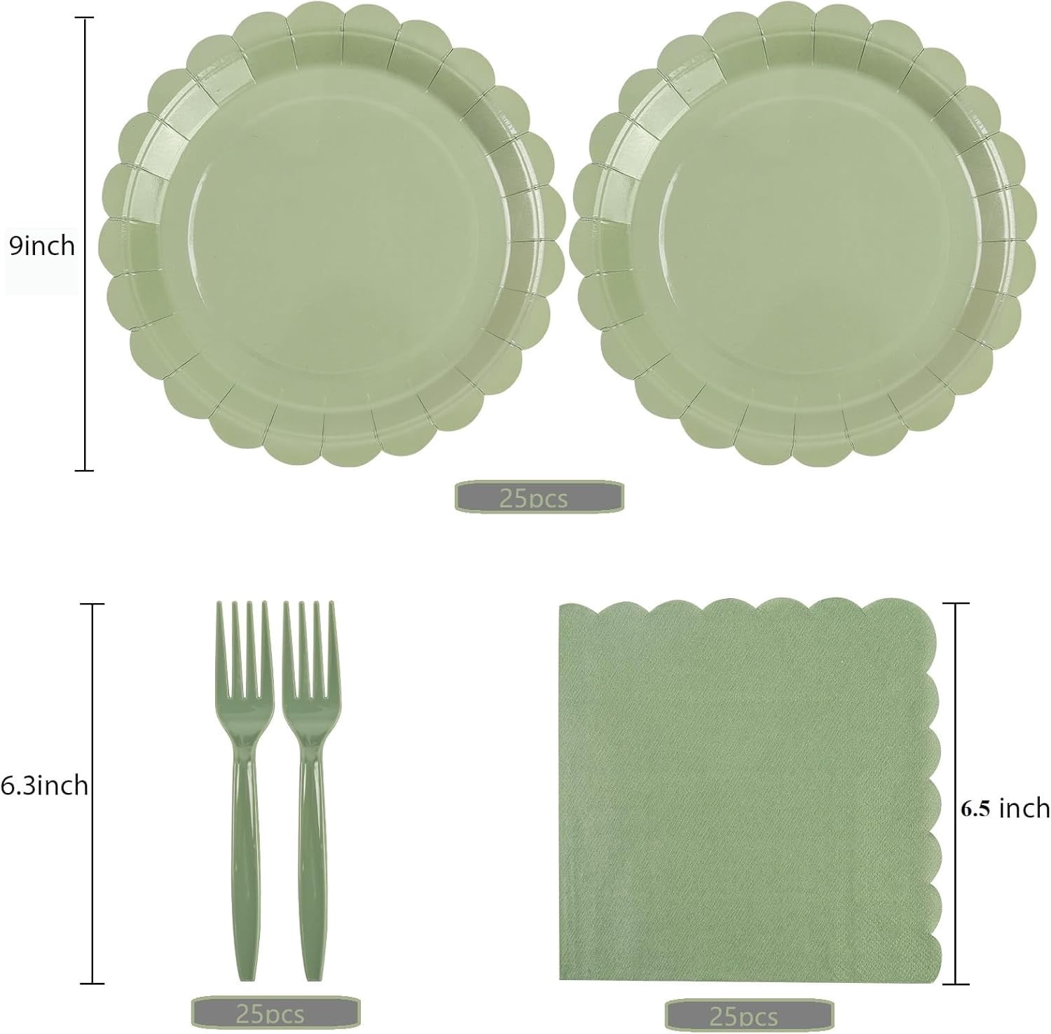 FUGEE-75pcs Sage Green Paper Plates and Napkins,25 Guest Sage Green ...