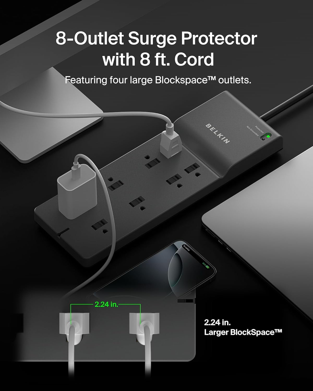 FUGEE-8-Outlet Surge Protector w/ 8 AC Outlets & 8ft Long Flat Plug, UL ...