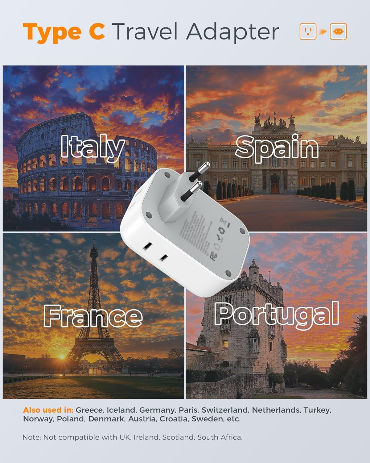 FUGEE-European Travel Plug Adapter, Type C Power Adaptor with 4 AC ...